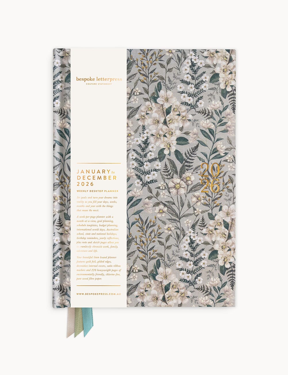 2026 Desktop Linen Bound Planner - Ivory Garden